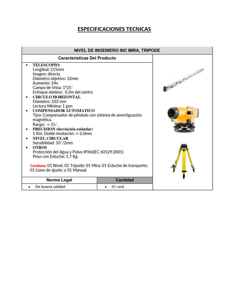 ESPECIFICACIONES TECNICAS Nivel Topografico | PDF