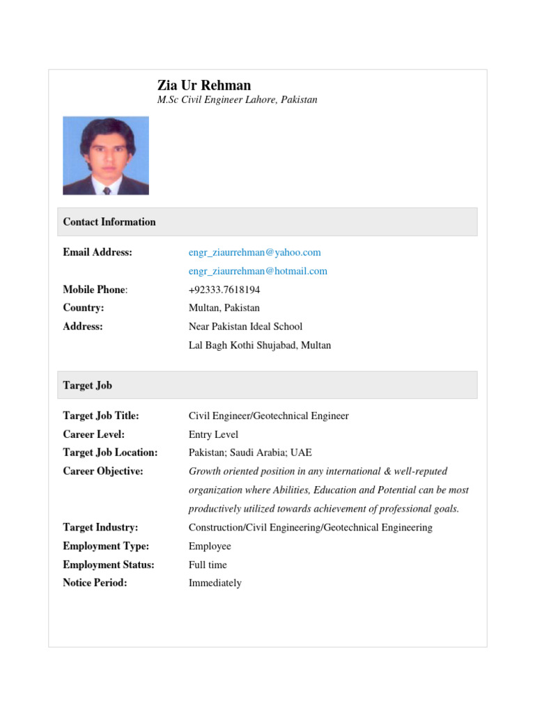 CV Zia | PDF | Pakistan | Engineering