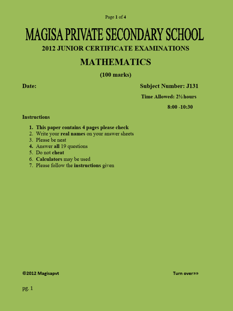 2012 JCE Mathematics Exam Paper | PDF | Mathematical Concepts | Elementary Mathematics