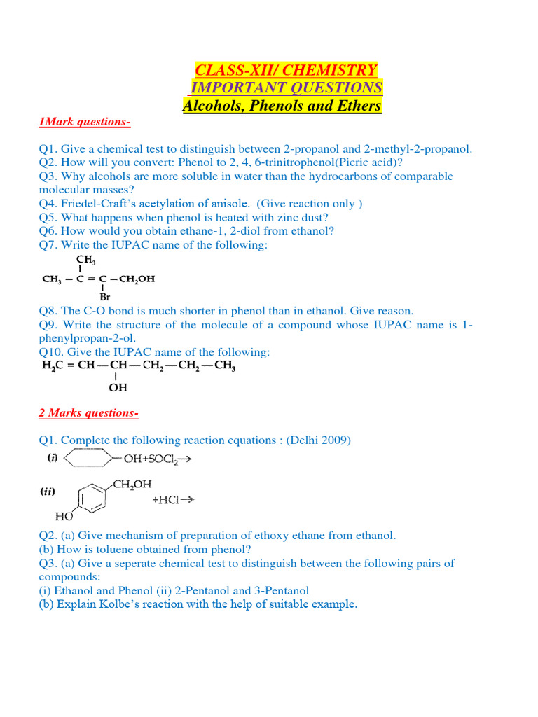 Class-XII Chemistry Worksheet Alcohols Phenols and Ethers | PDF ...