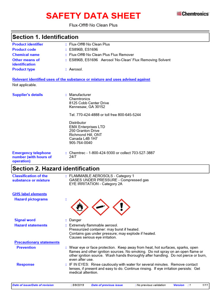 Chemtronics Flux-Off No Clean Safety Data Sheet | PDF | Dangerous Goods | Toxicity