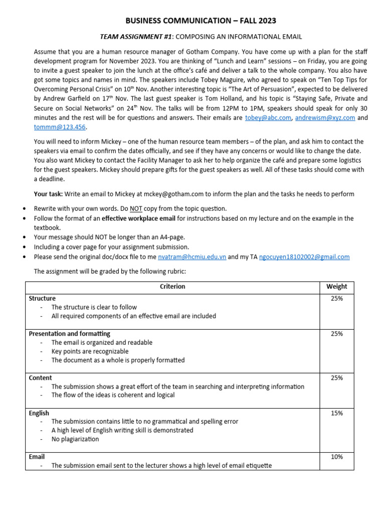 Team Assignment 1 - Composing An Informational Email | PDF | Cognitive Science | Communication