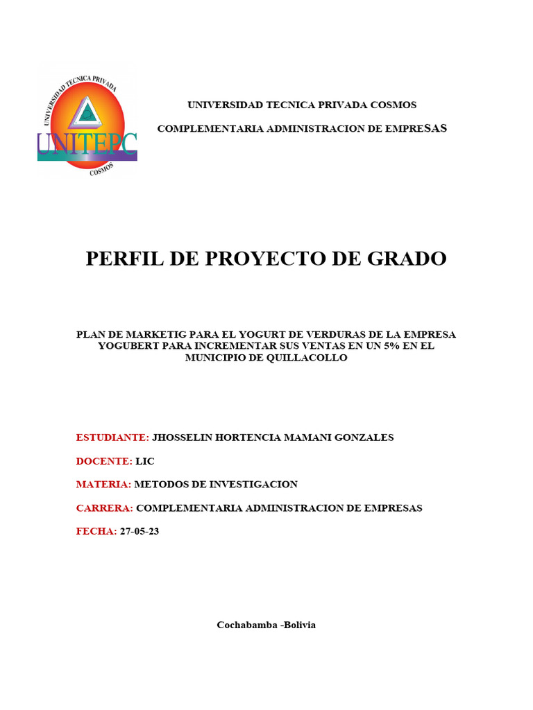 Unitepc Perfil de Proyecto Jhosselin | PDF | Marketing | Producto (Negocio)