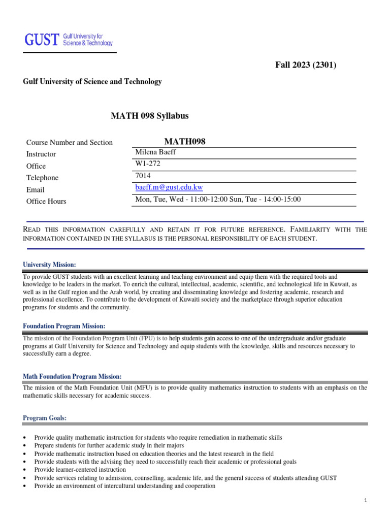 Math 098: Pre-Calculus Syllabus | PDF | Trigonometric Functions | Algebra