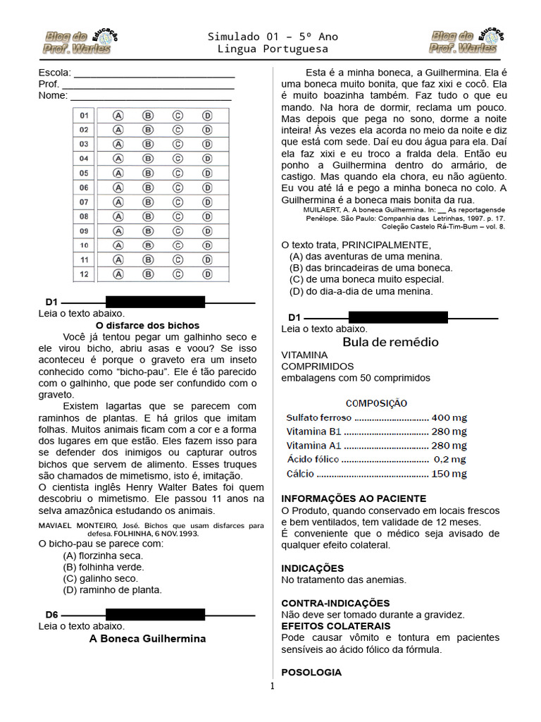 Simulado 1 (Port. 5º Ano - Blog Do Prof. Warles) | PDF