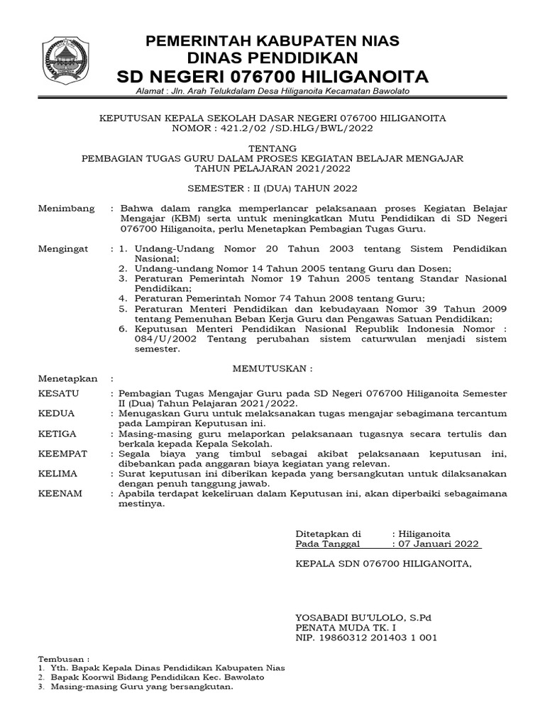 SK Pembagian Tugas 2021.2022 II | PDF