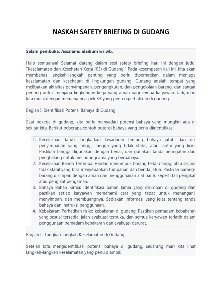 Naskah Safety Breafing (Gudang) | PDF