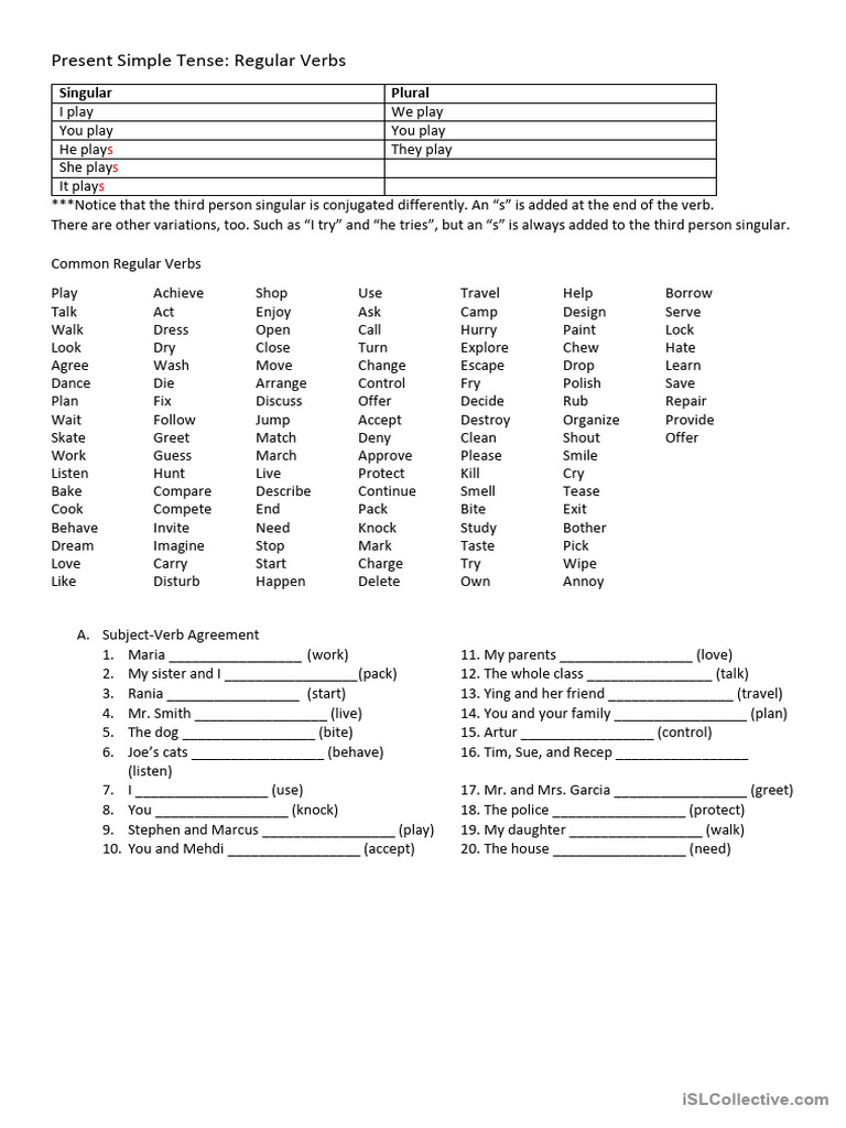 Present Simple Tense - Regular Verbs | PDF | Linguistic Morphology ...