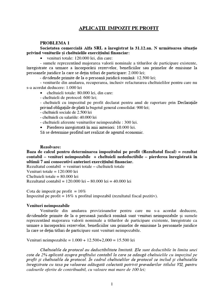Aplicatii Impozit Pe Profit - Seminar | PDF