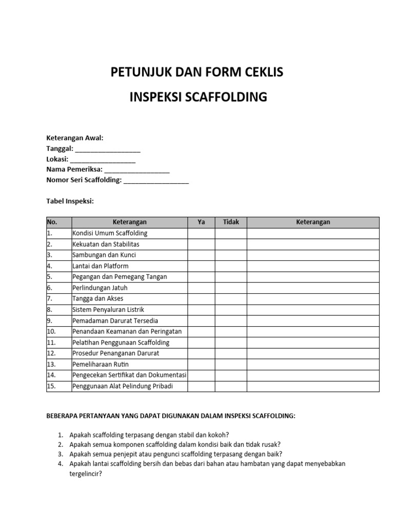 Form Ceklis Inspeksi Scaffolding | PDF | Griya & Taman