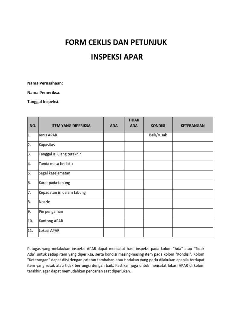 Form Ceklis Inspeksi APAR | PDF