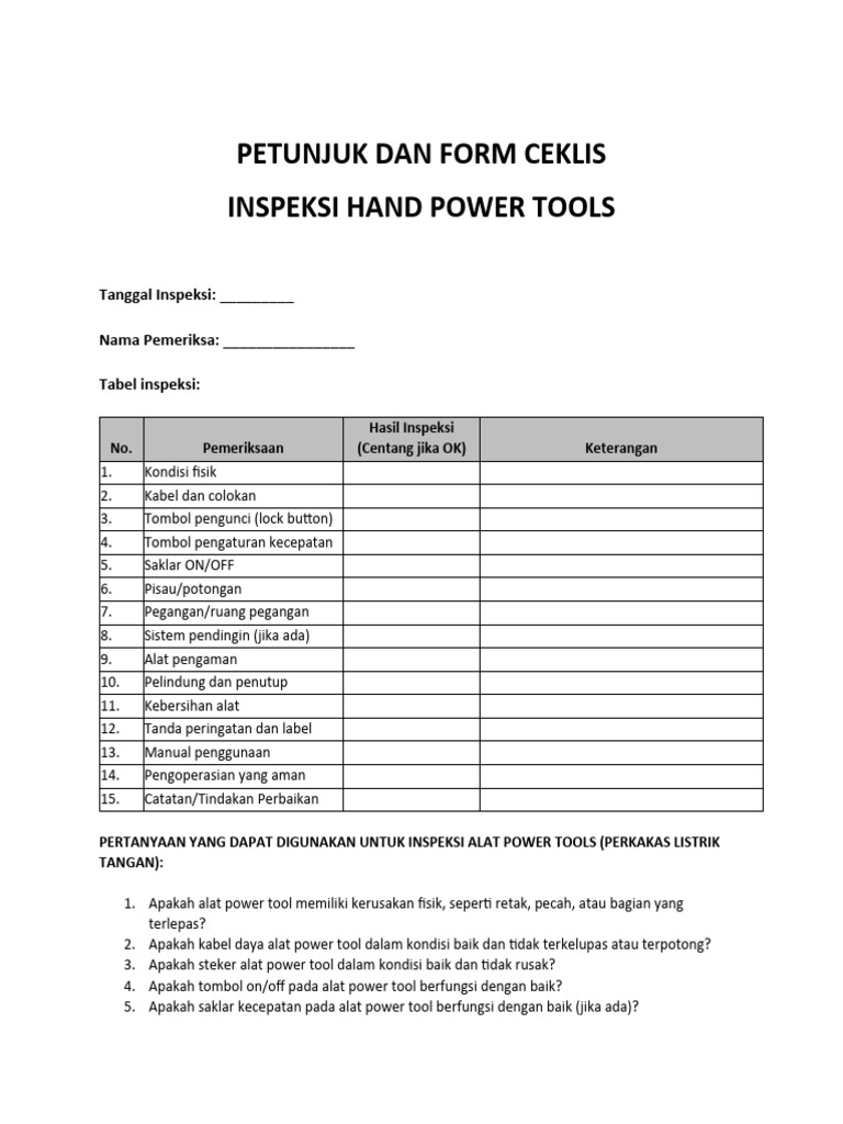 Form Ceklis Inspeksi Hand Power Tools | PDF