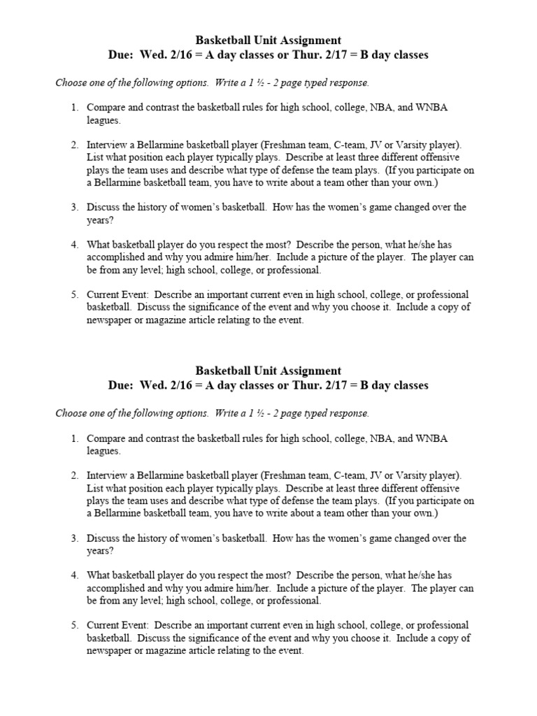 Basketball Unit Assignments | PDF | Sports | Team Sports