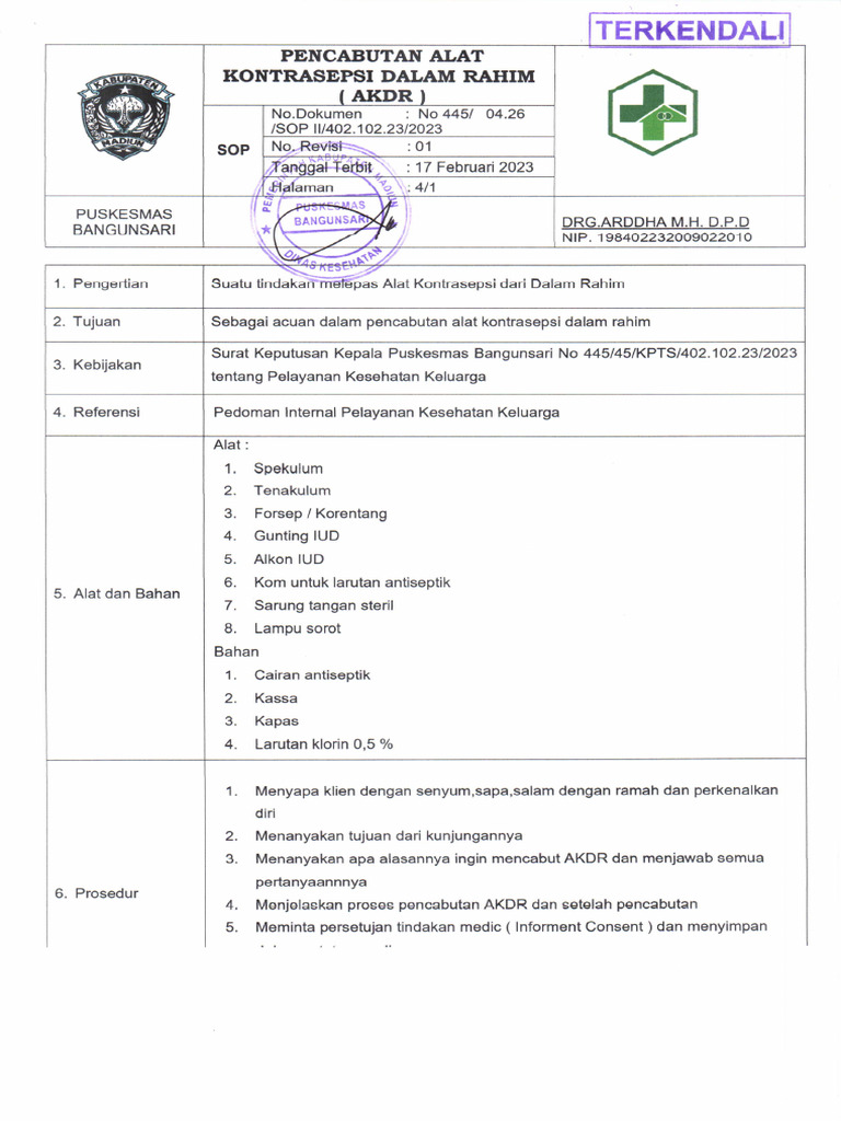 Sop Pencabutan Alat Kontrasepsi Dalam Rahim Akdr | PDF