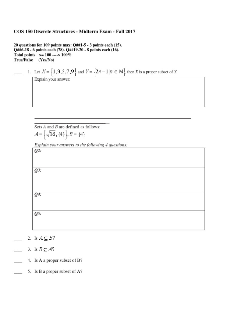 COS 150 Discrete Structures - Midterm Exam - Fall 2017: Sets A and B Are Defined As Follows ...