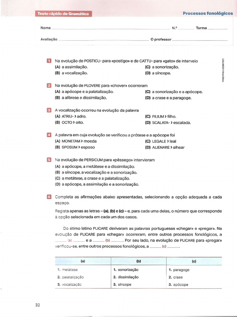 Processos Fonologicos Exercicios | PDF
