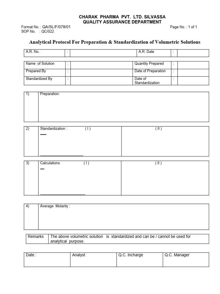 78 Analytical Protocol For Preparation And Standardisation Of Volumetric
