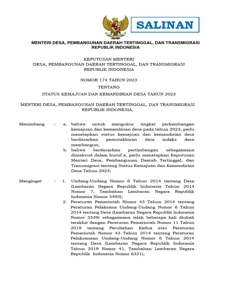 Salinan Keputusan Menteri Desa, PDT, Dan Transmigrasi Nomor 174 Tahun 2023 Tentang Status ...
