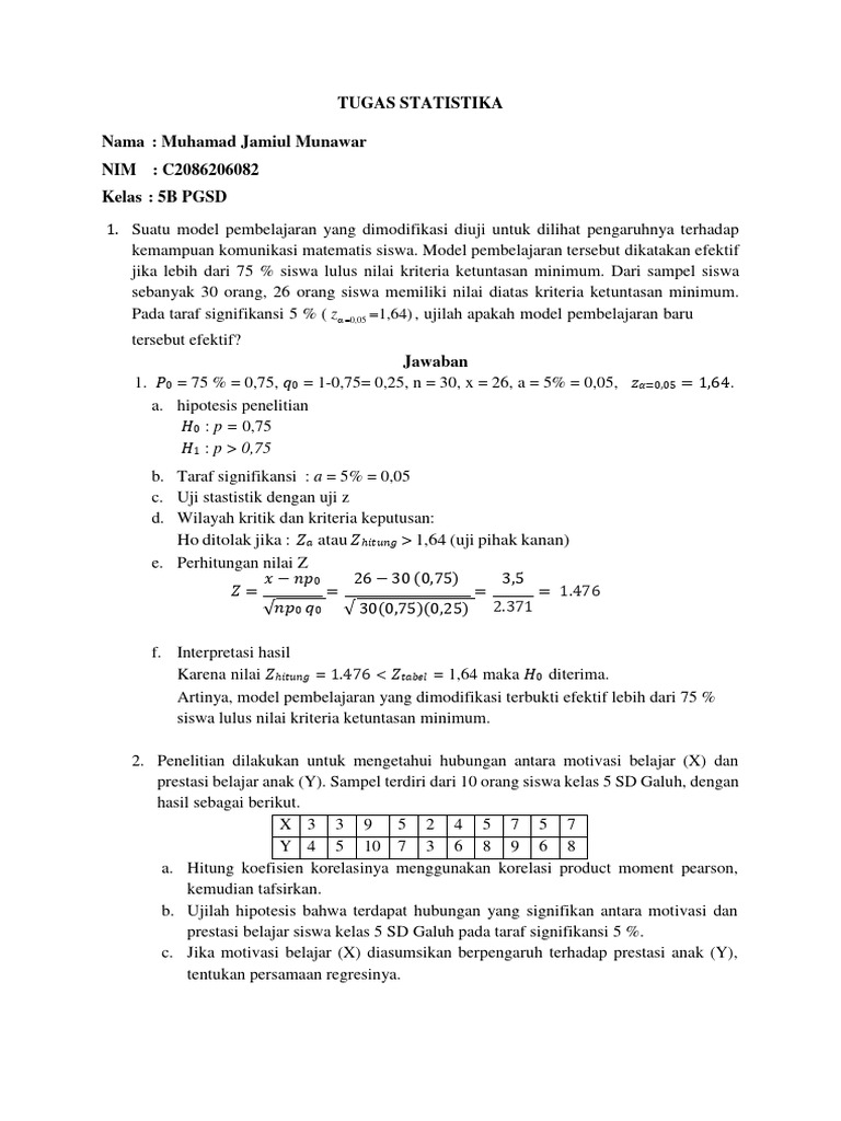 TUGAS STATISTIKA, Muhamad Jamiul Munawar 5B | PDF | Metode & Bahan Ajar