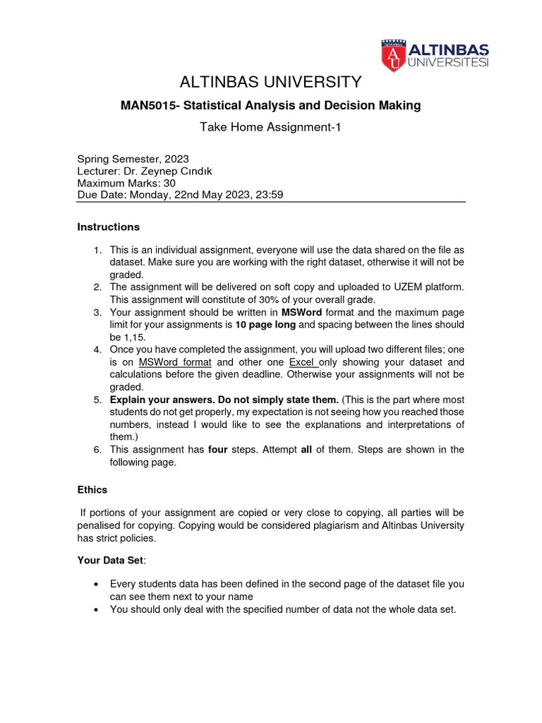 Man5015 Take Home Assignment 1 Pdf Statistics Statistical Analysis 