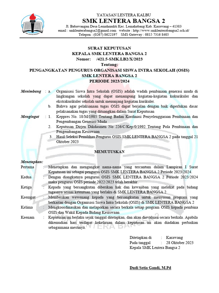 Contoh SK Pengurus Osis | PDF