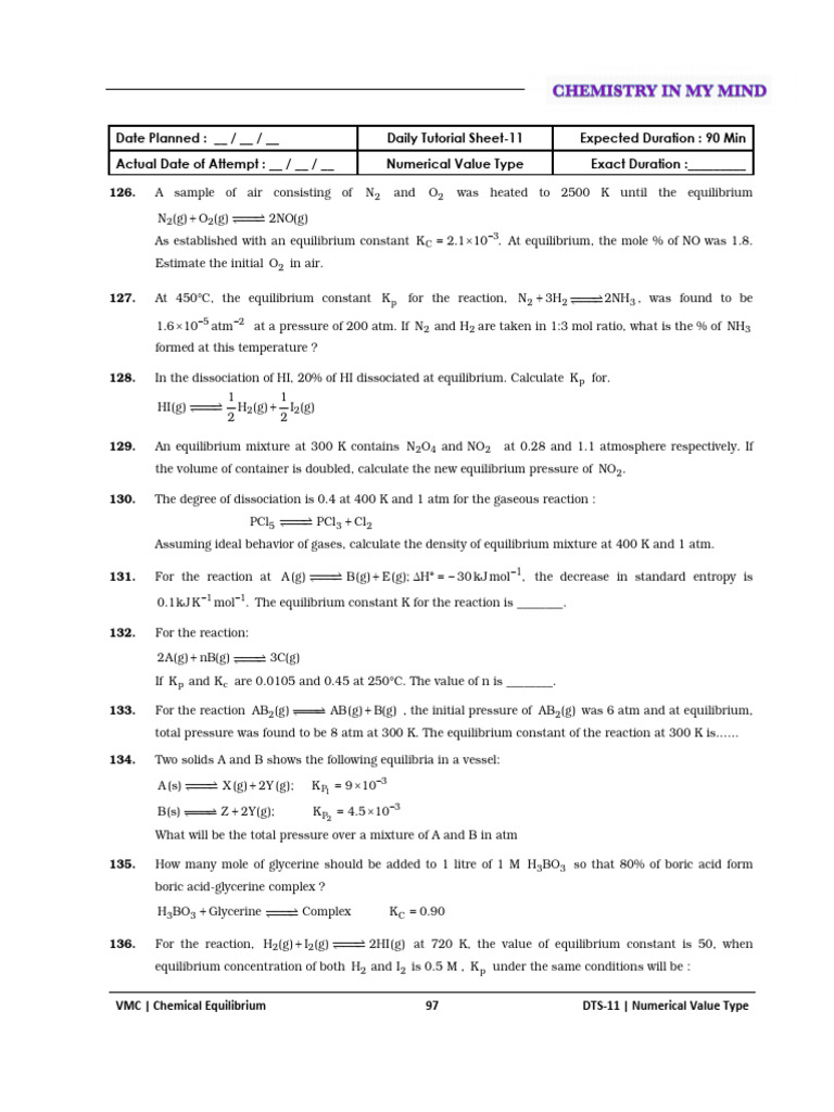 Chemical Equilibrium DTS-12 Level-3 | PDF | Chemical Equilibrium ...