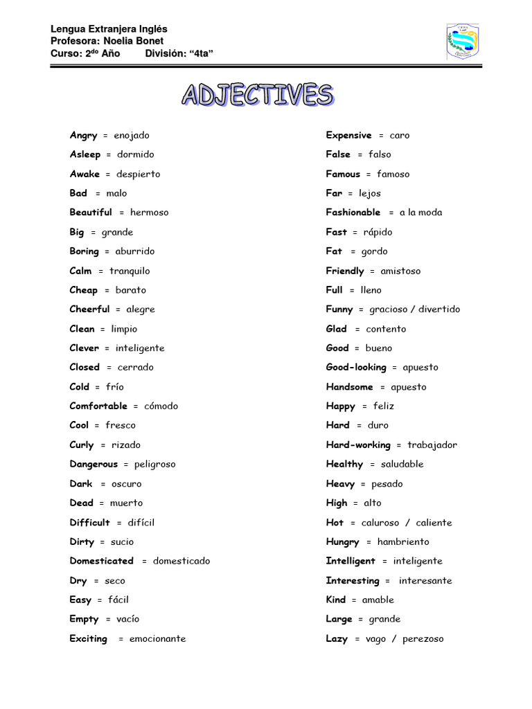 2do SEMESTRE - Lista de Adjetivos | PDF