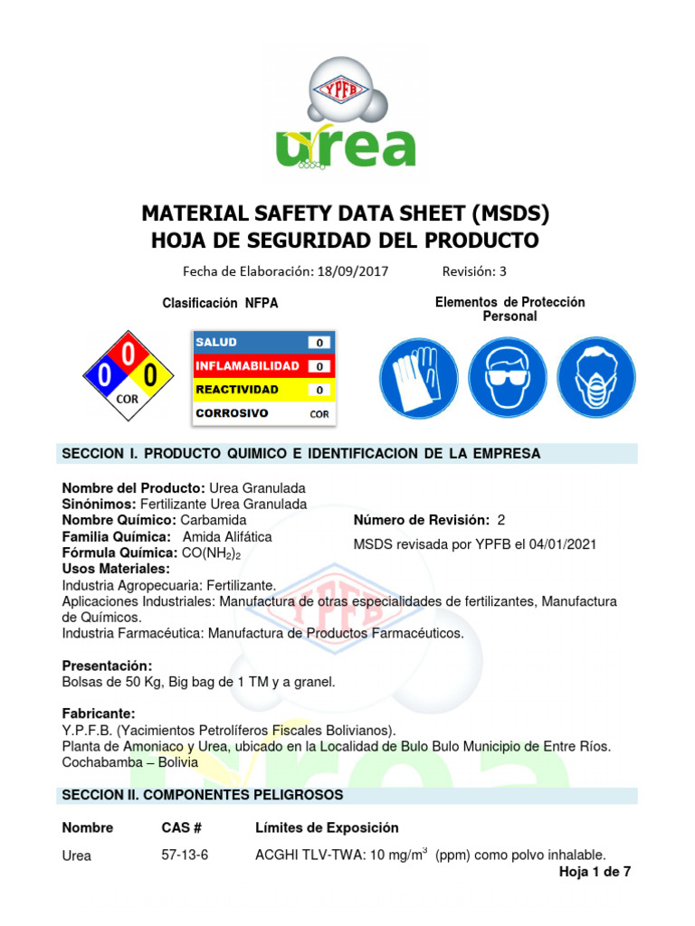 MSDS UREA YPFB Rev 3 | PDF | Amoníaco | Agua