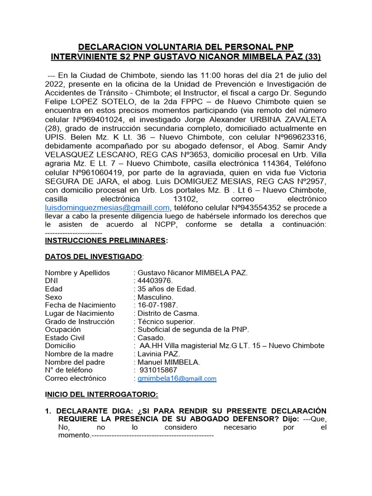 Declaracion Voluntaria Del Personal PNP Interviniente S2 PNP Gustavo Nicanor Mimbela Paz | PDF