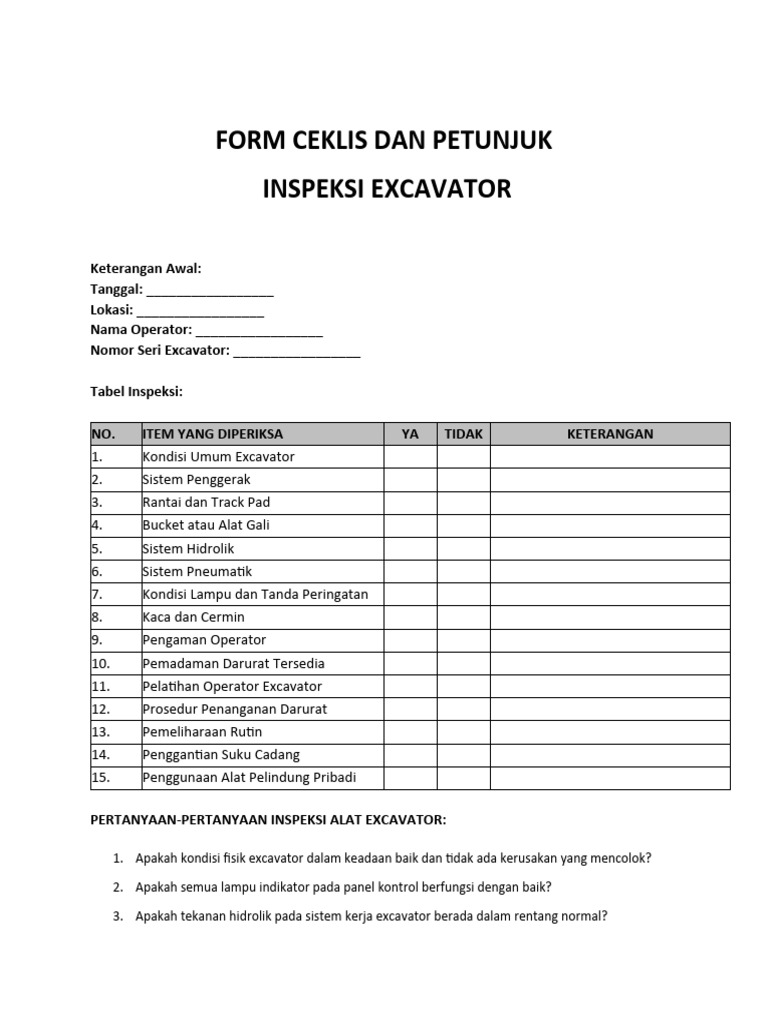 Form Ceklis Inspeksi Excavator | PDF | Bisnis | Komputer