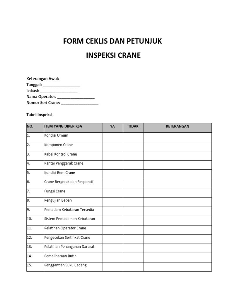 Form Ceklis Inspeksi Crane | PDF