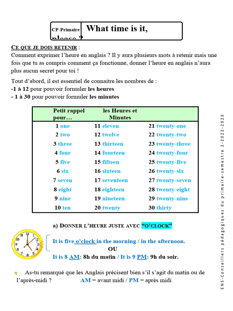Heures Et Minutes 6ème Cours What Time Is It Please | PDF
