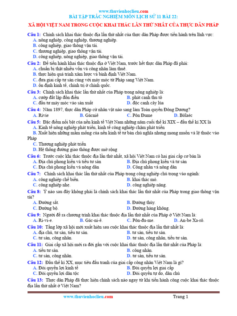 Trac Nghiem Lich Su 11 Bai 22 | PDF