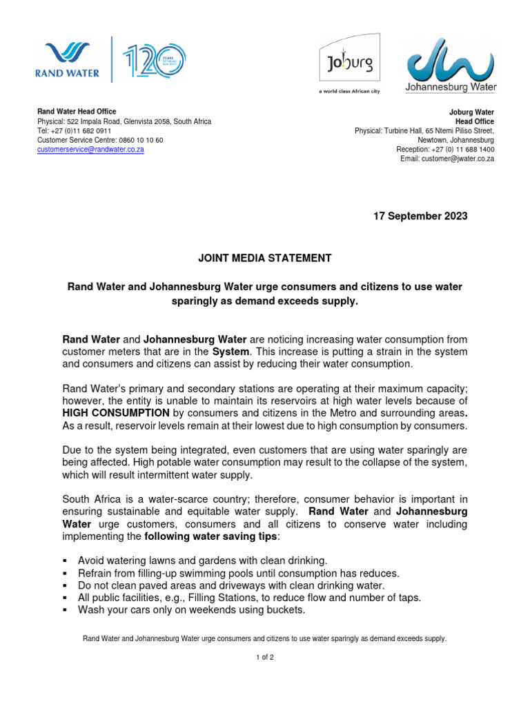 Joint Media Statement Between Rand Water and Johan 230917 142912 | PDF ...