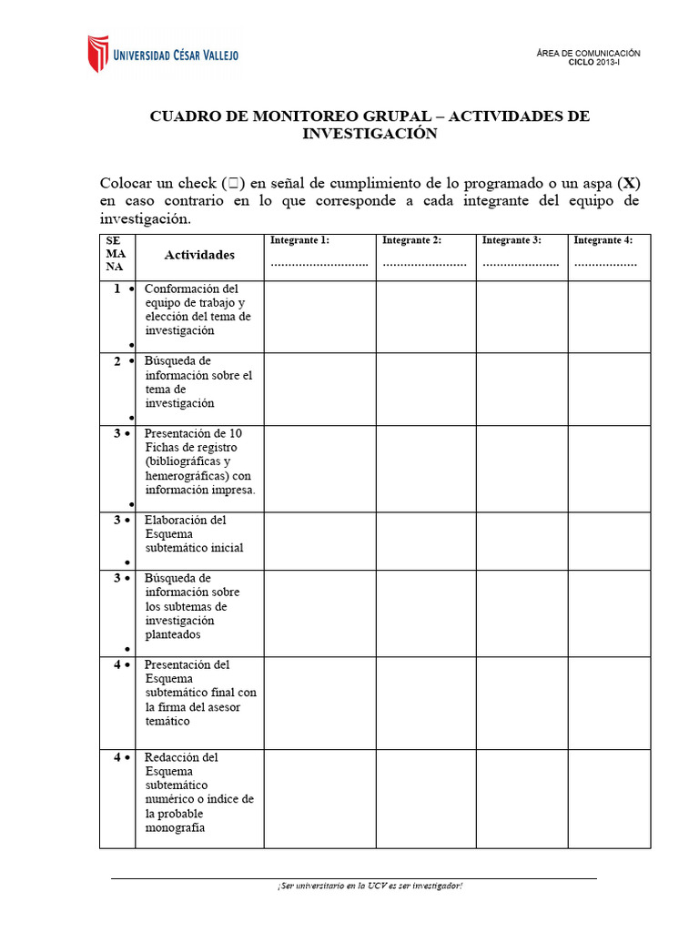 Cuadro de Monitoreo Grupal - Investigación | PDF