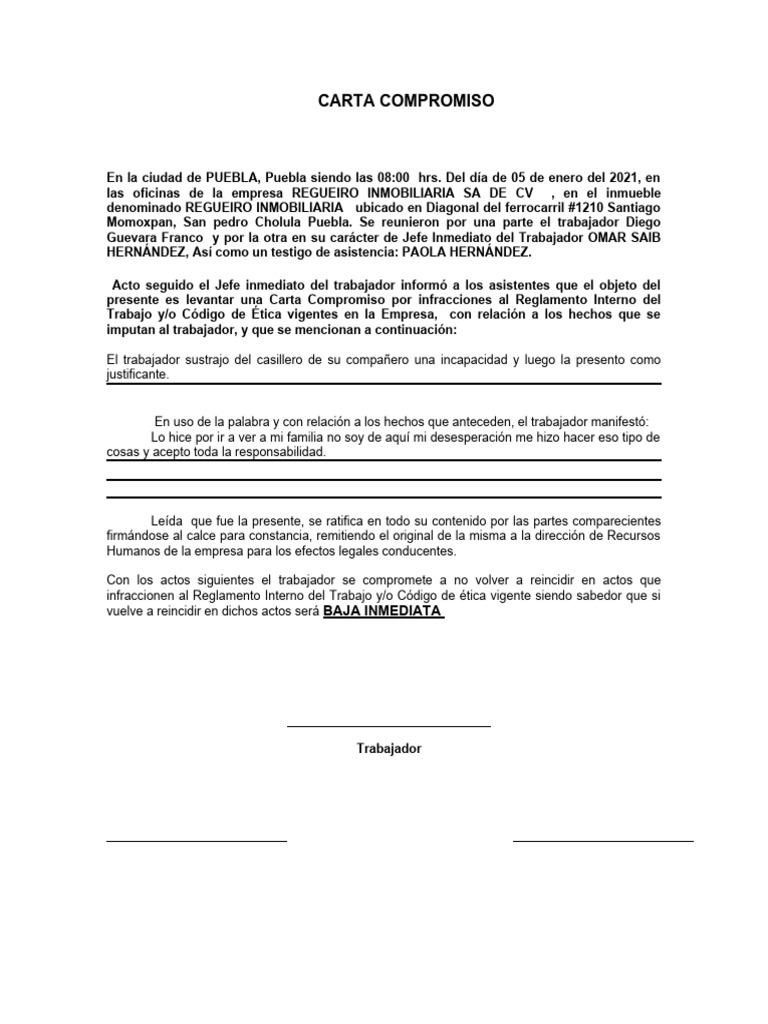 Carta de Compromiso Laboral | PDF | Crecimiento personal y profesional