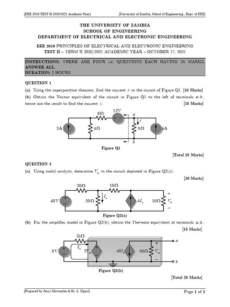 EEE 2019 TEST II (QUESTIONS) 2020-2021 Academic Year | PDF