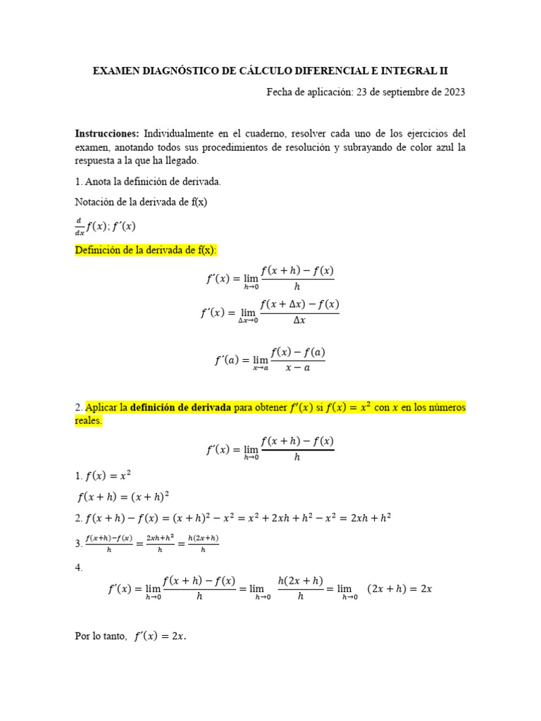 Examen Diagnóstico de Cálculo Diferencial e Integral Ii Pae 2024-1 (Solución) | Descargar gratis ...