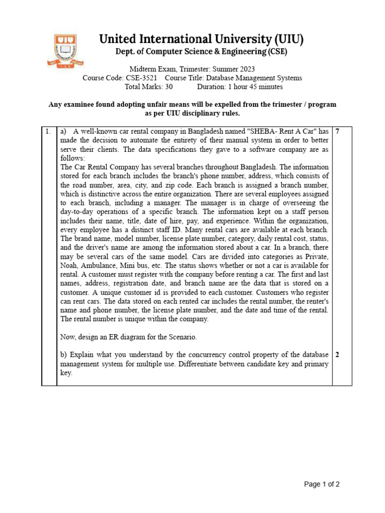 CSE-3521 Database Midterm Exam 2023 | PDF | Data Management | Computing