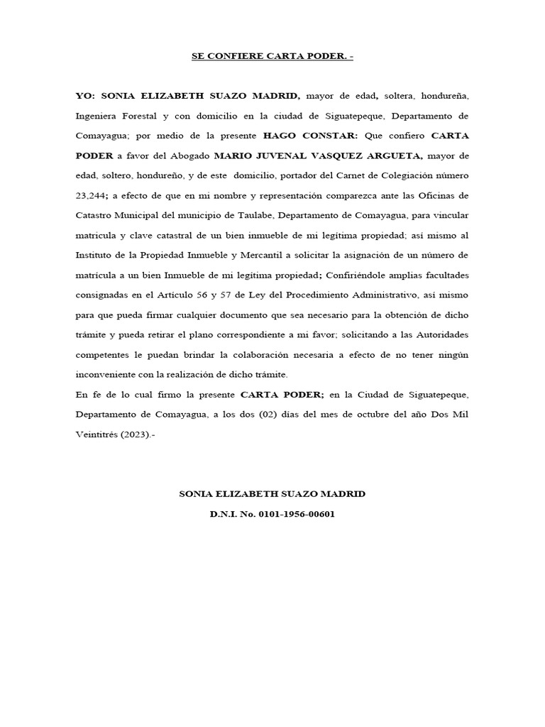 Carta Poder Sonia Suazo | PDF | Honduras | Justicia