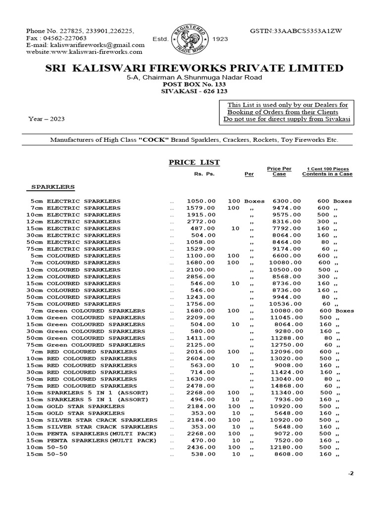 2023 Fireworks Price List - Sri Kaliswari | PDF