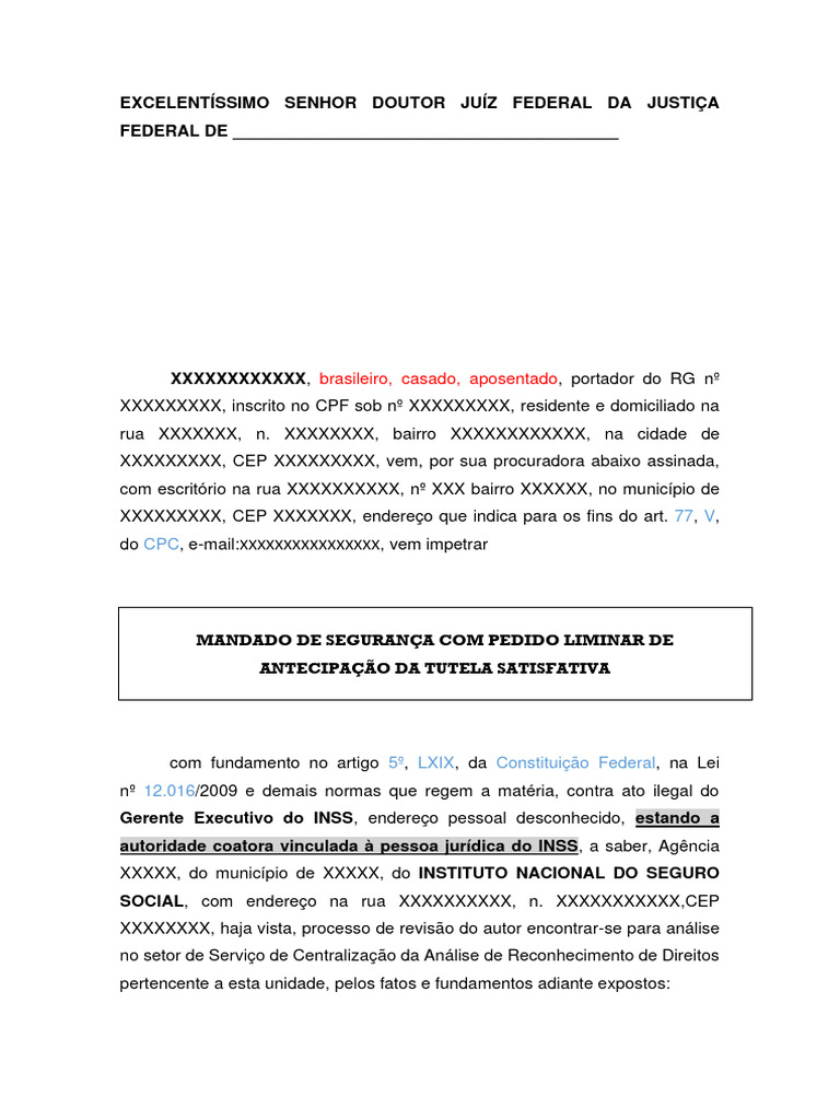 Modelo. Inicial Mandado de Segurança. Gerente Executivo INSS. Demora ...
