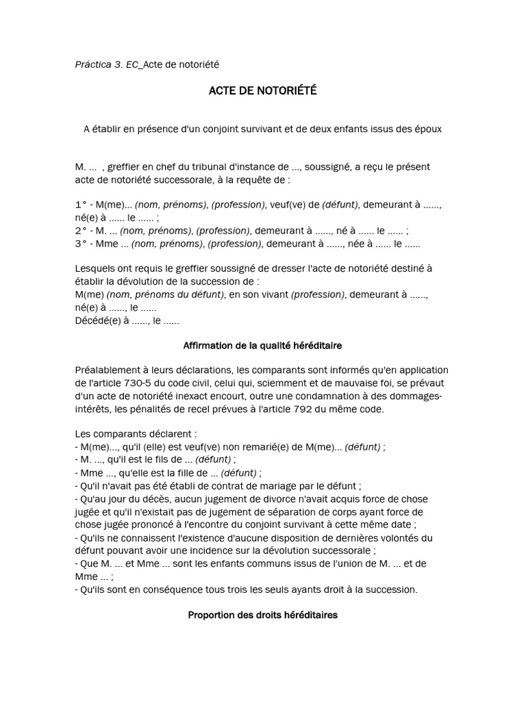 Acte de notoriété successorale | PDF | Sciences sociales | Droit