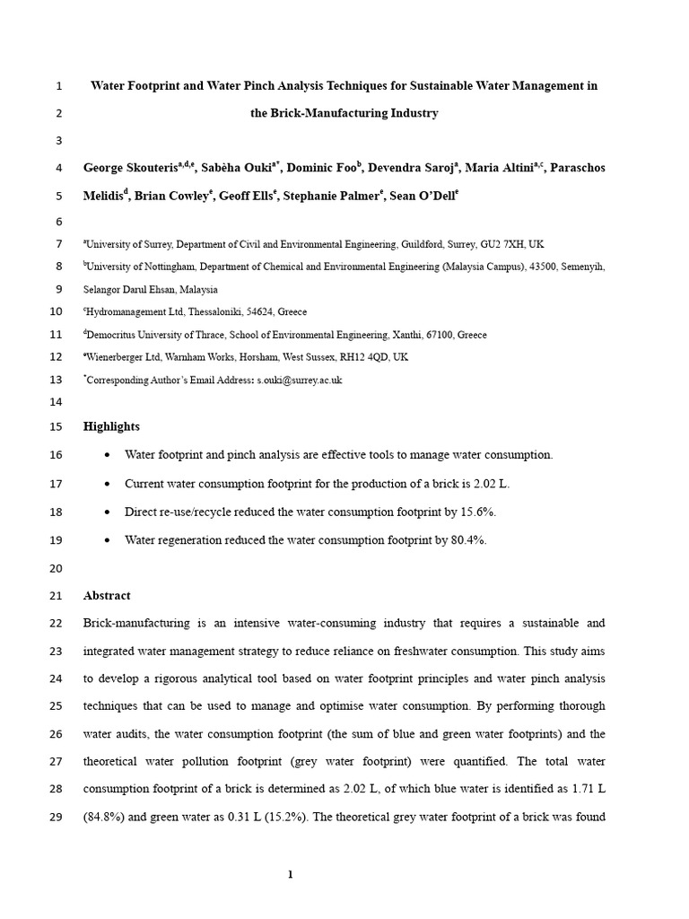 Water Footprint and Water Pinch Analysis Techniques For Sustainable ...