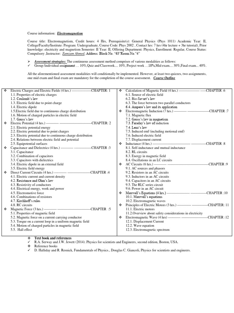 Course Outline Of Electromagnetism Download Free Pdf Electrical