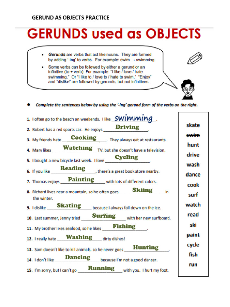 GERUND AS OBJECTS PRACTICE Resuelto | PDF