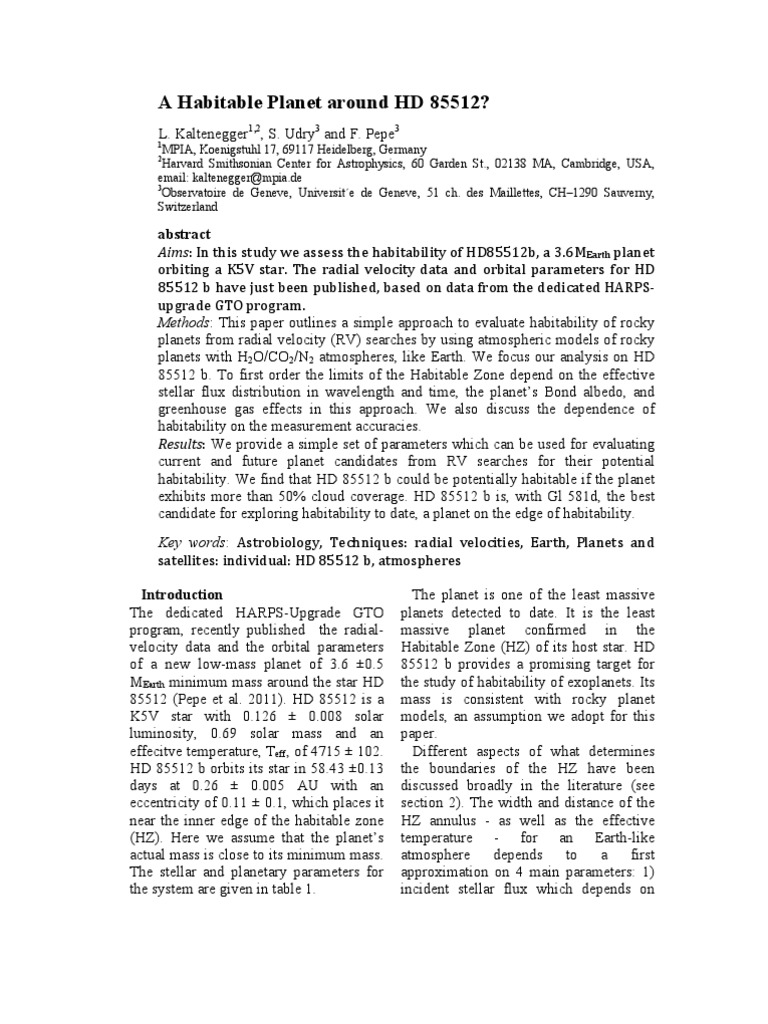 A Habitable Planet Around HD 85512? | PDF | Planetary Habitability ...