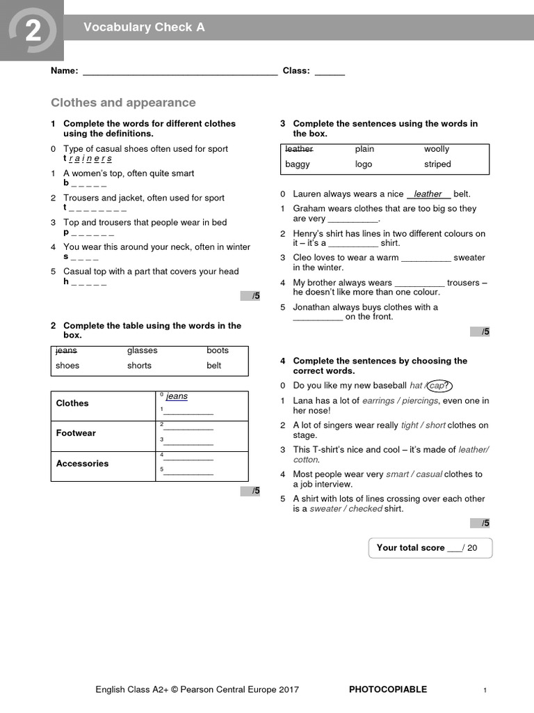 ECA2+ - Tests - Vocabulary Check 2A | PDF | Clothing | Human Body