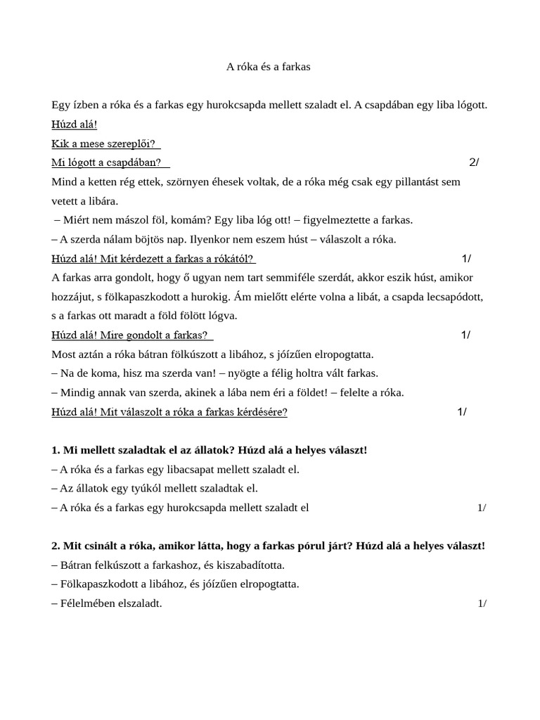 A Róka És A Farkas-Szövegértés | PDF