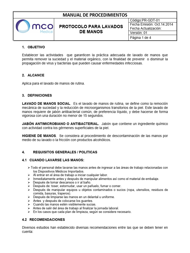 PR-GDT-01 Protocolo Lavado de Manos | PDF | Lavado de manos | Medicina